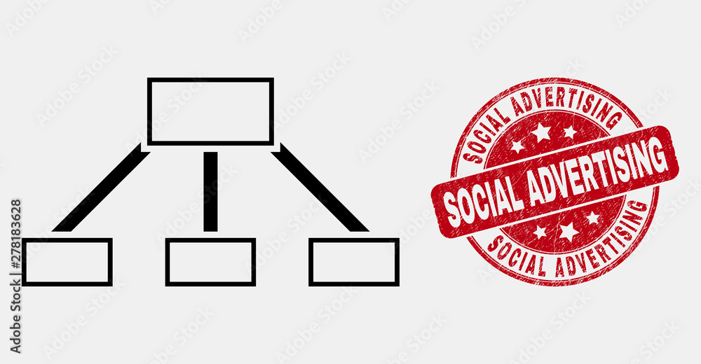 Vector line hierarchy links icon and Social Advertising seal stamp ...