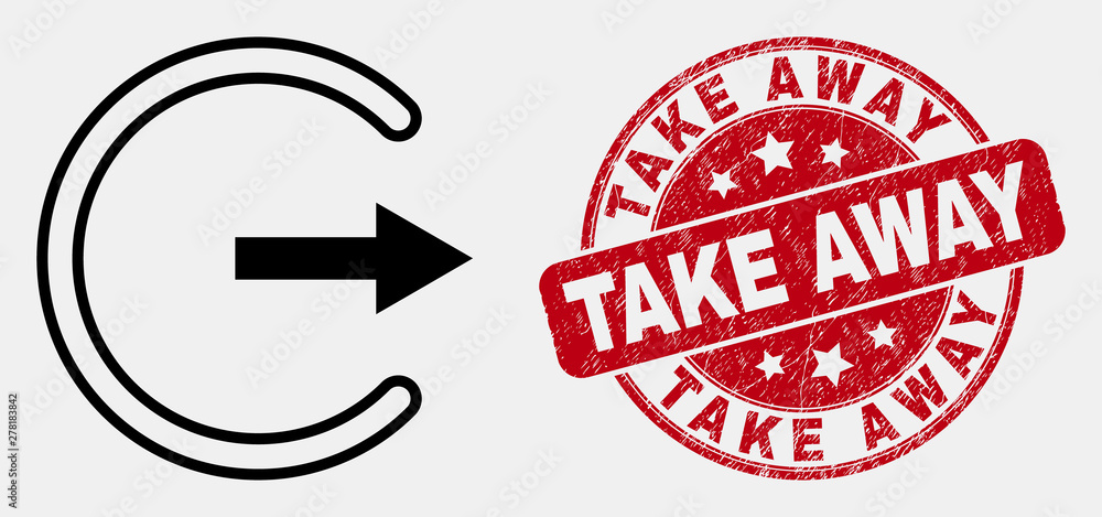 Vector line log out icon and Take Away stamp. Blue round scratched ...