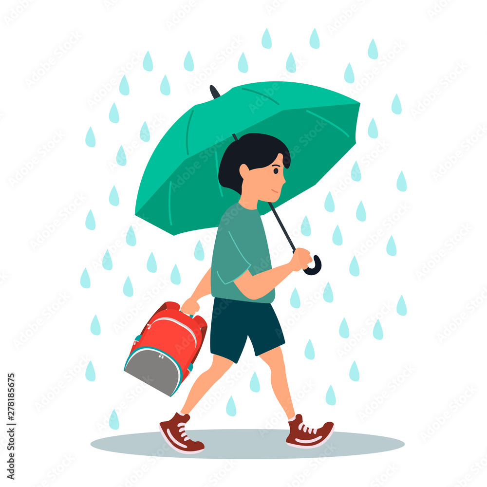 Young boy character goes from school under a rain.Vector illustration ...