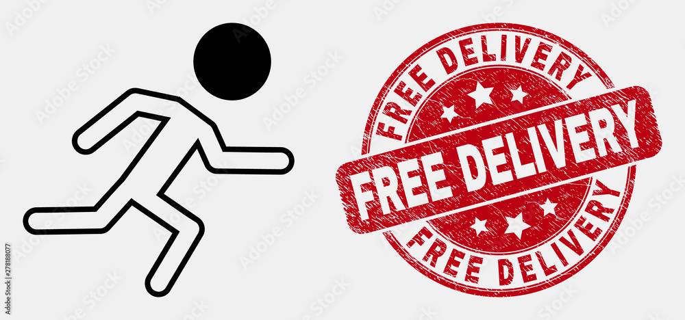 Vector outline running boy icon and Free Delivery seal stamp. Blue ...