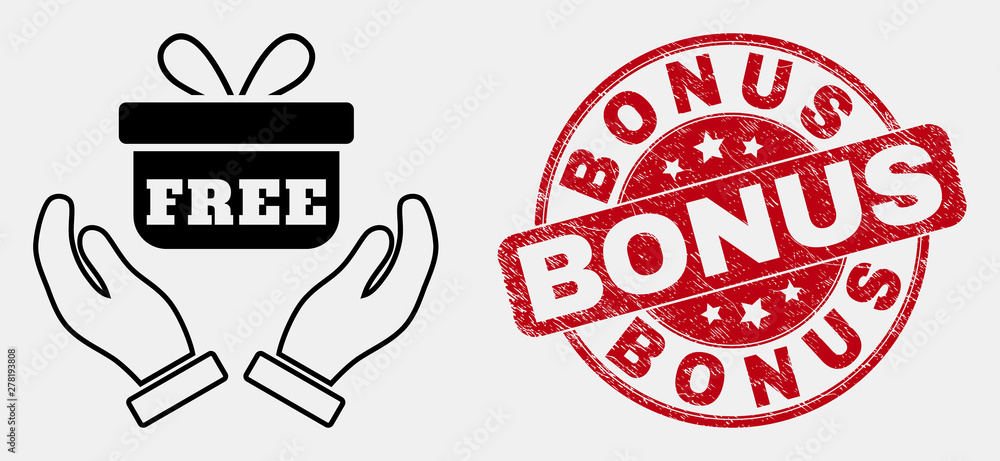Vector outline hands give gift pictogram and Bonus stamp. Blue rounded ...