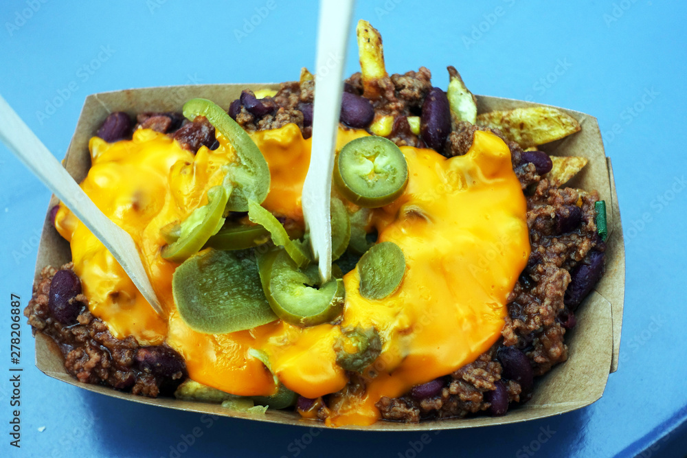 Poutine with French Fries and Chili con Carne, Street Food, dish, food ...