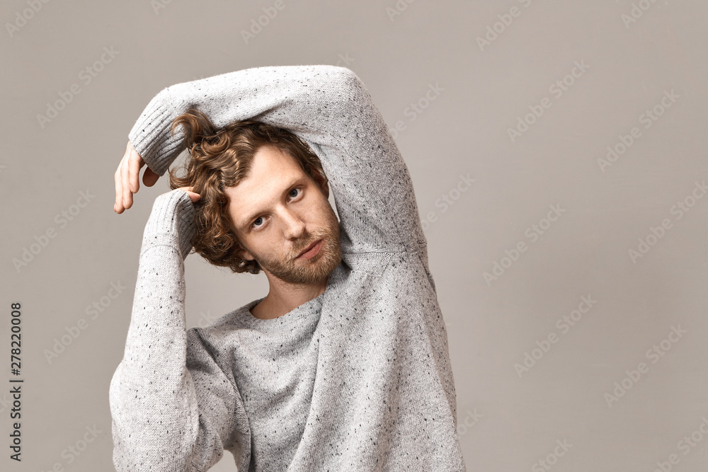 Human facial expressions and body language. Portrait of serious pensive ...