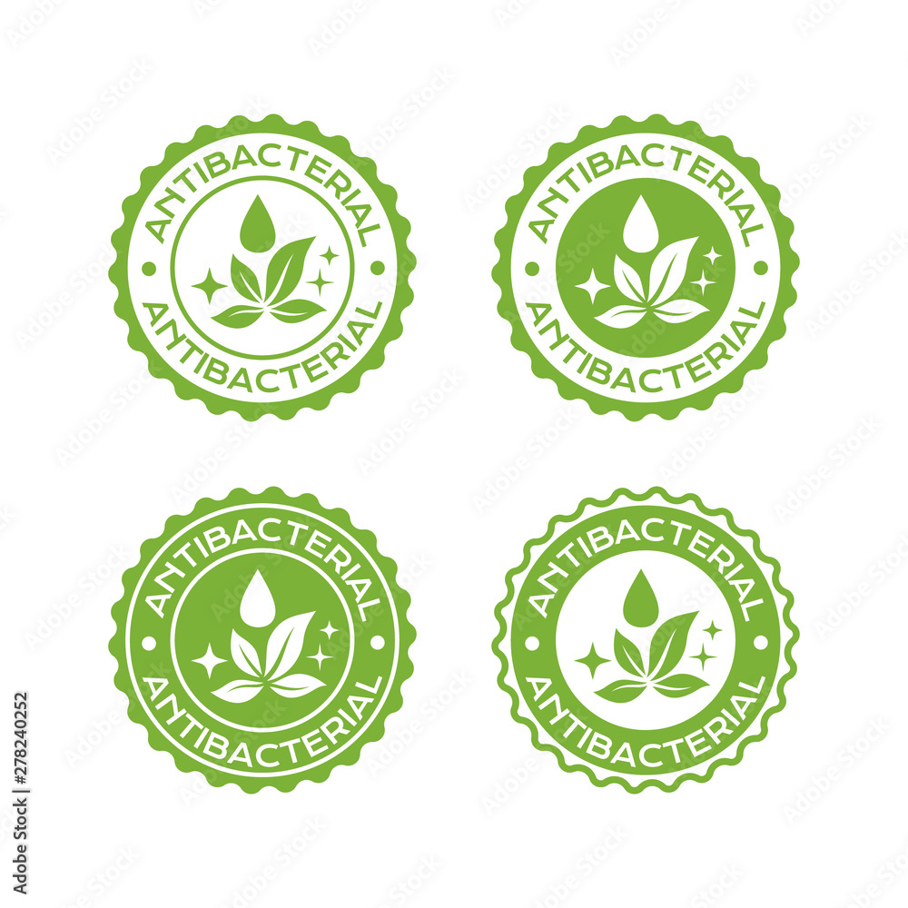 Antibacterial labels set. Vector badges with clean leaves, drop and ...
