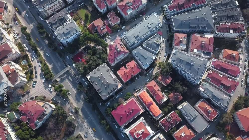 Aerial view of houses in row at city. Drone aerial view of houses and ...
