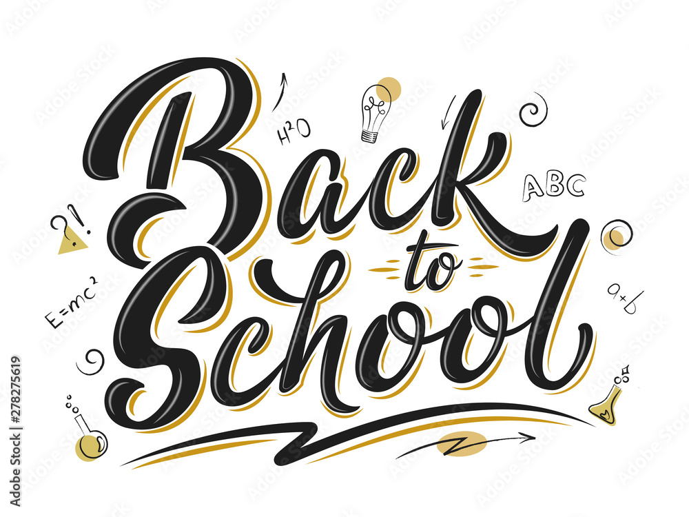 Back to school lettering sign. Black and gold text isolated on white ...