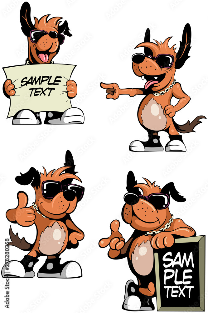 Set of cartoon style red dogs in the sunglasses, isolated on white ...