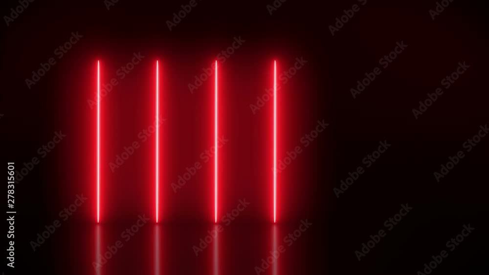 Video animation of glowing vertical neon lines in red on reflecting ...