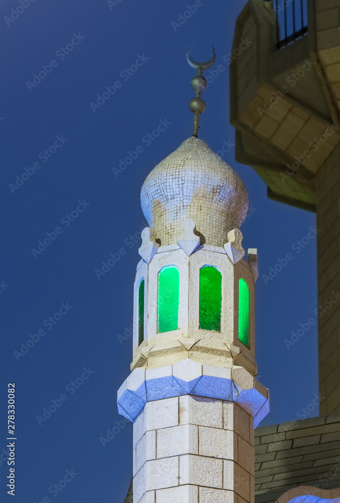 Part of the facade of the Ahmadiyya Shaykh Mahmud mosque in Haifa city ...