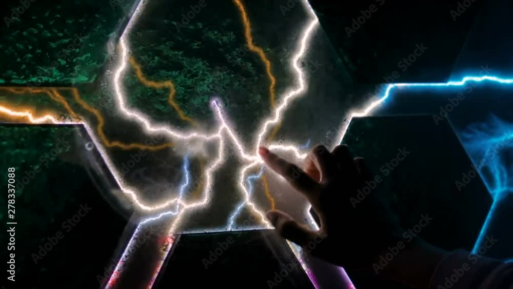 Interactive touchscreen exposition in science museum. Woman touching ...