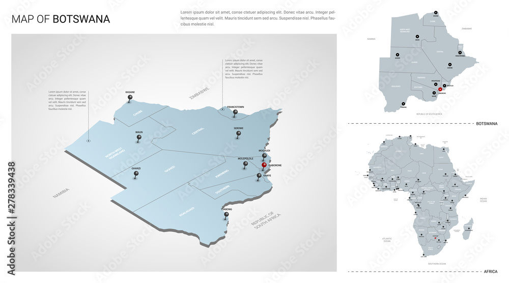 Vector set of Botswana country. Isometric 3d map, Botswana map, Africa ...