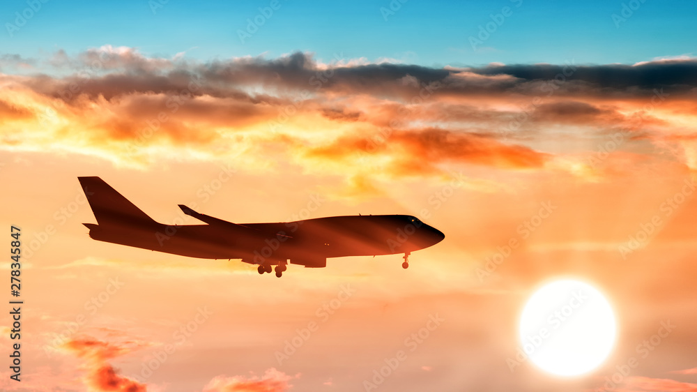 airplane flying against sunset sky aerial side panorama view of modern ...