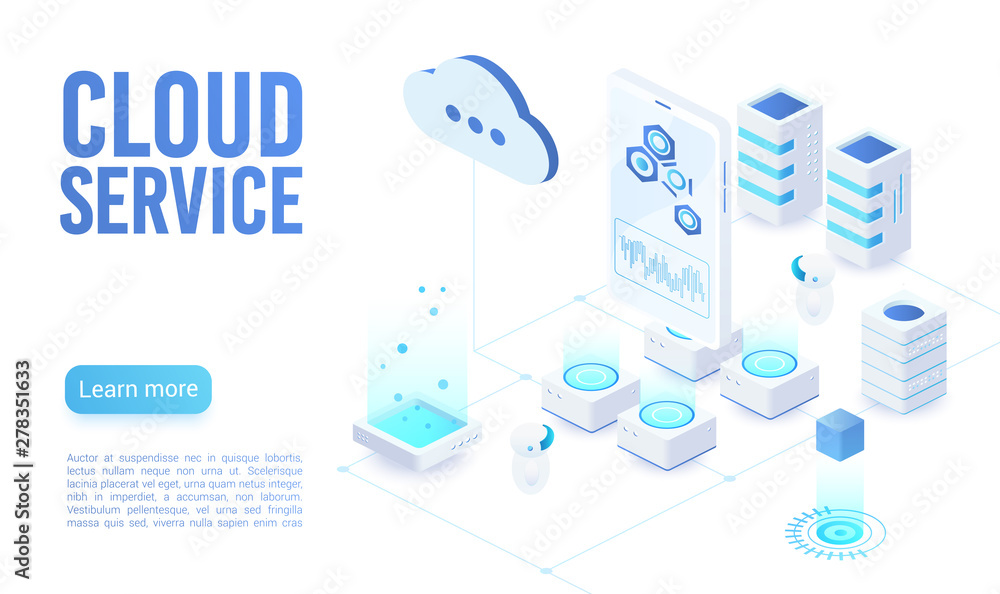 Cloud service soft light landing page isometric vector template ...