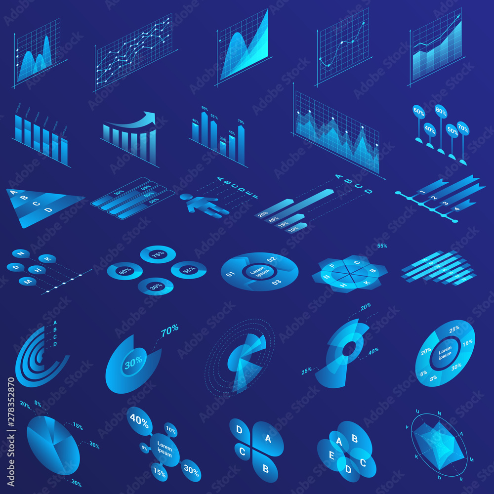 Infographics isometric blue neon illustrations set. Graph arrow growth ...