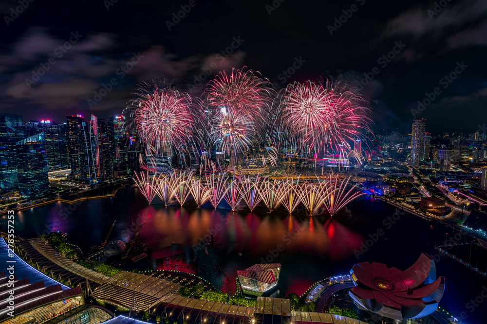 Aerial view of Singapore national day fireworks celebration at Marina ...