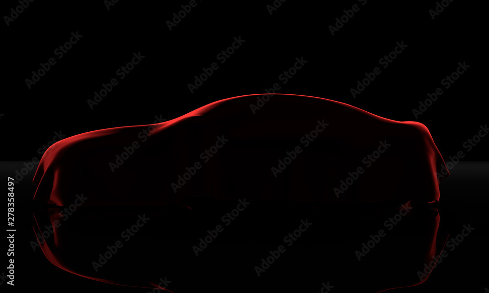 Car covered with a red cloth isolated on a black background. 3D ...