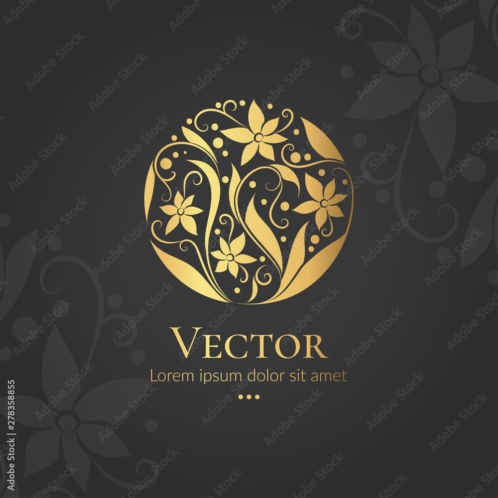 Beautiful logo with golden leaves in a circle shape. Vector template ...
