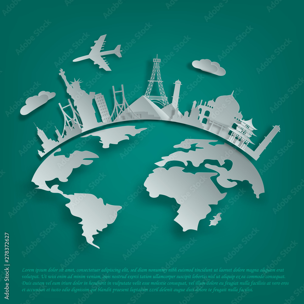 Vector, tourist attractions, world style, paper cutting. Road trip ...