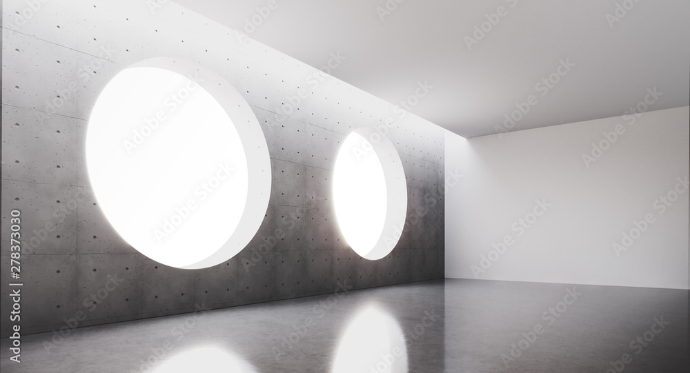 Contemporary and futuristic interior with round window in center of ...