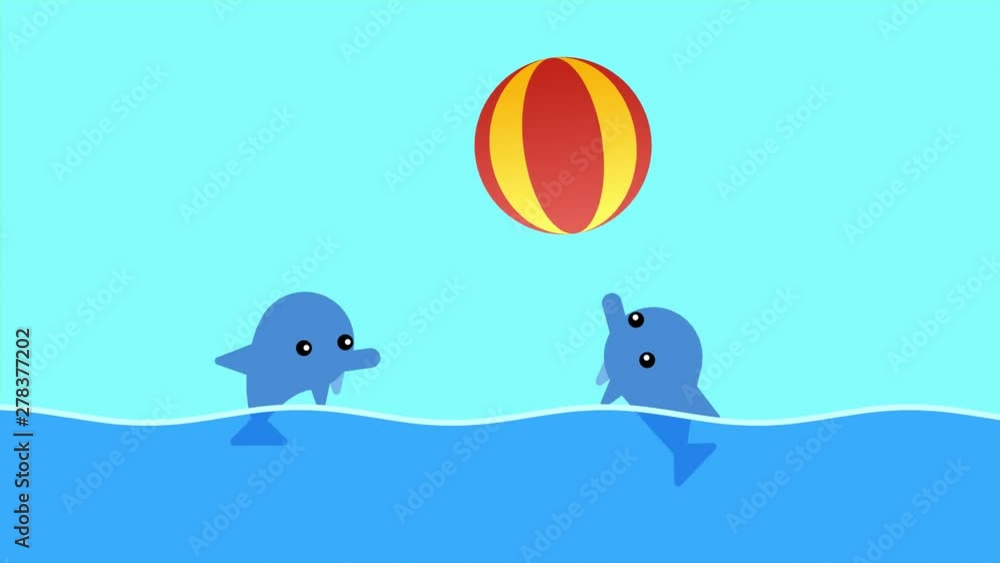 Two cute baby dolphin playing with colorful ball. 2D cycle animation ...