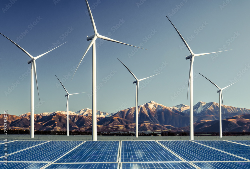 Solar energy panel photovoltaic cell and wind turbine farm power ...