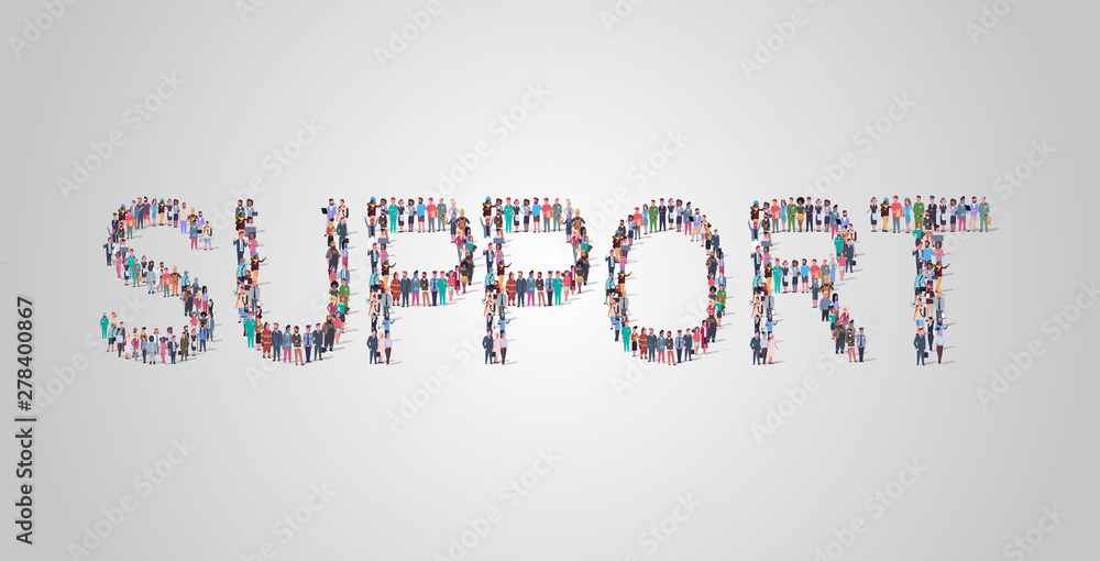 people crowd gathering in shape of support word different occupation ...