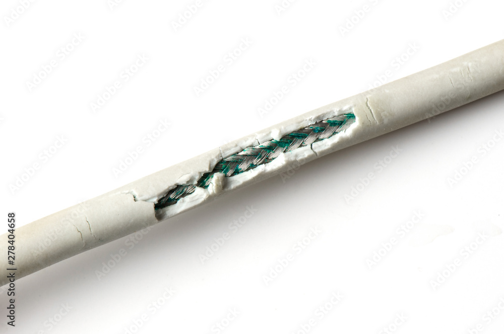 Torn wire insulation. Close up. White background. Stock Photo | Adobe Stock