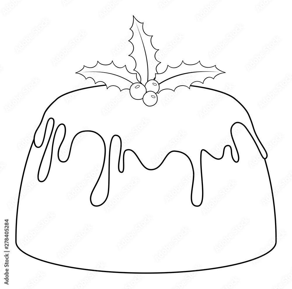Christmas pudding with christmas holly clipart. Vector outline ...