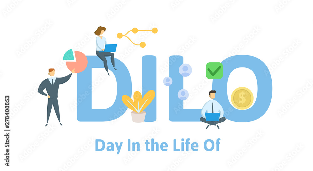 DILO, Day in the Life Of. Concept with people, letters and icons ...
