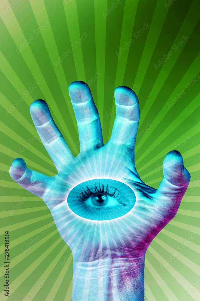Human hand and all-seeing eye. Surreal illustration for your magic ...
