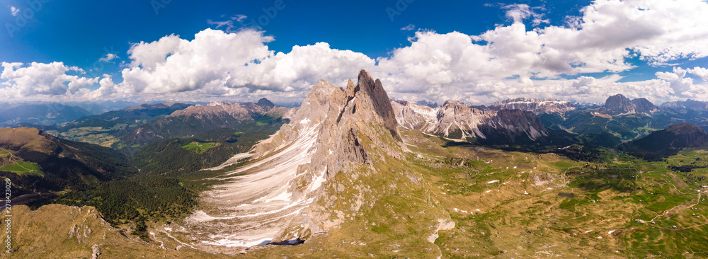 Amazing aerial top view on Seceda Mount peak and valley from drone ...