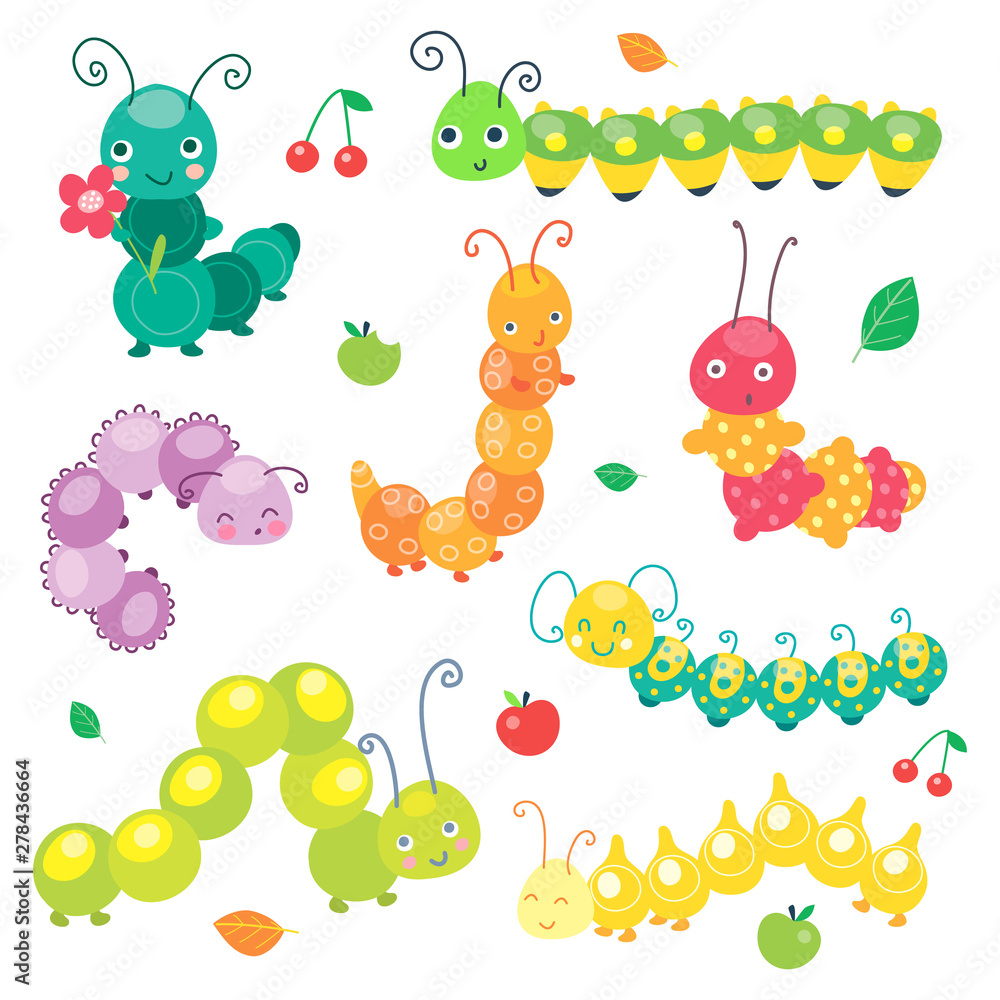 Green funny smiling cute caterpillar collection. Insect character for ...