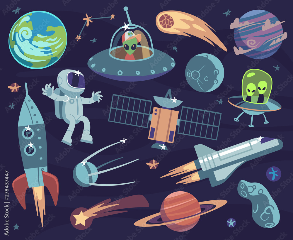 Cartoon space set. Cute astronauts and ufo aliens, satellite planets ...