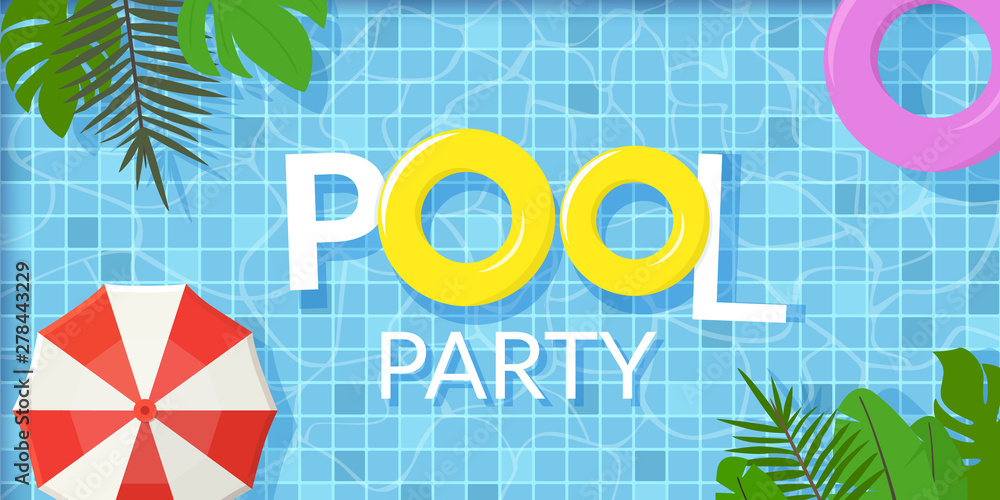 Summer pool party horizontal banner. Colorful vector poster template ...
