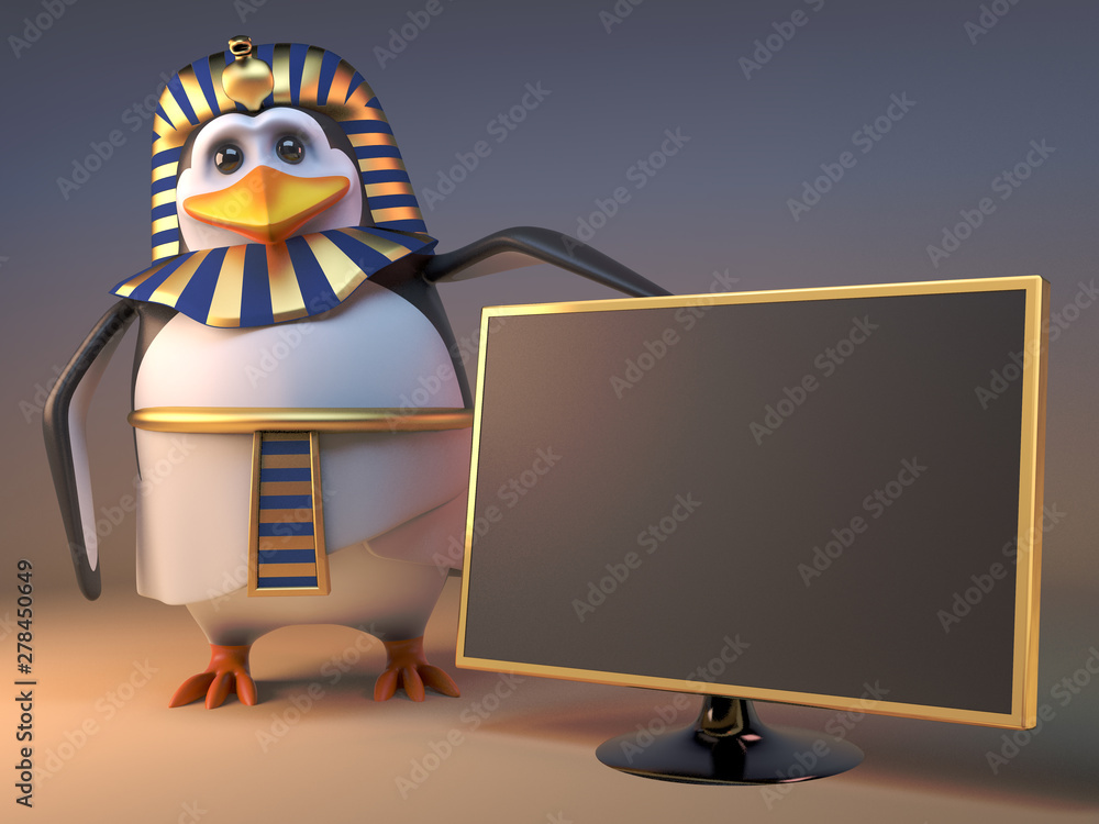 Cool cartoon 3d Egyptian penguin pharaoh Tutankhamun points to the new ...