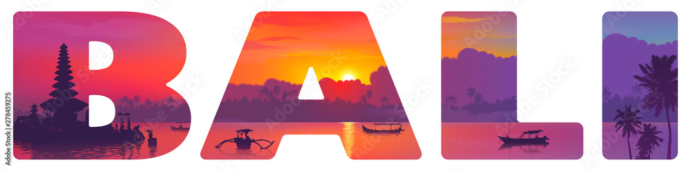 Bali island landmarks: temple, ocean, fishing boats and palm trees on ...