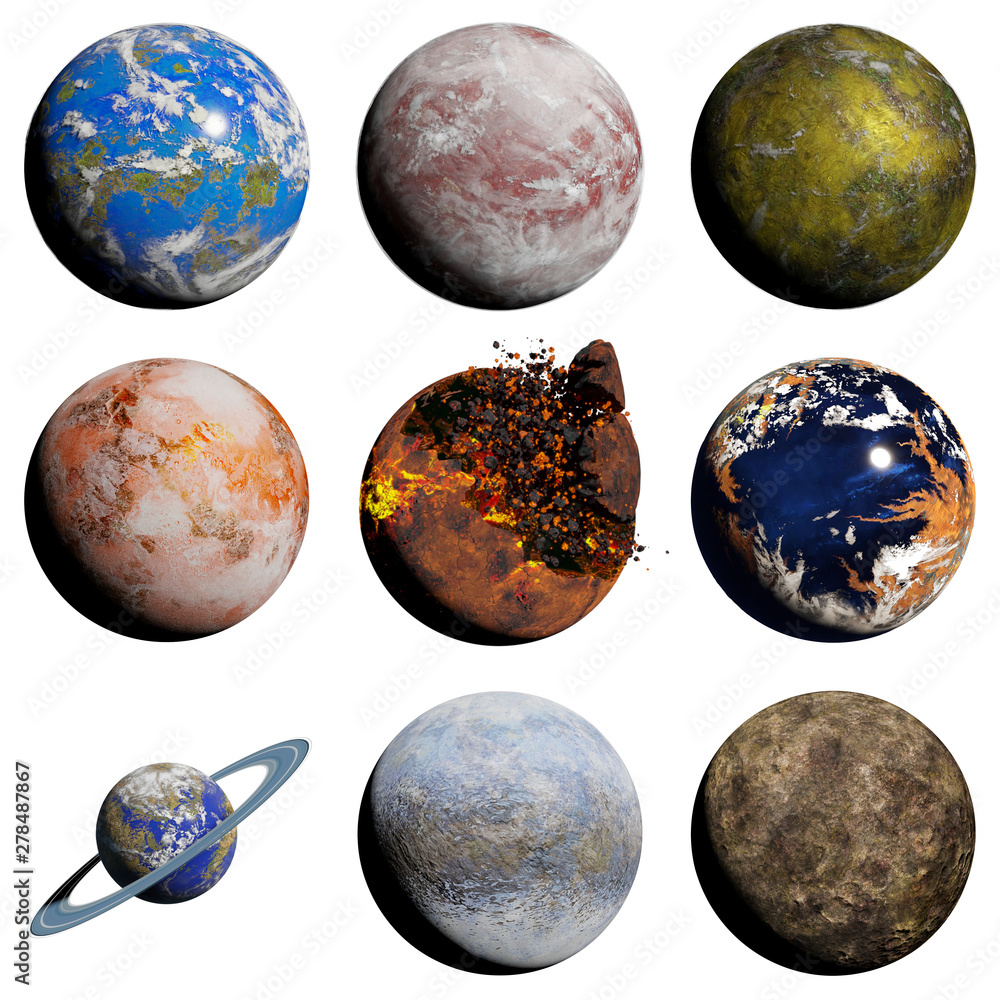 set of alien planet isolated on white background, nearby exoplanets (3d ...