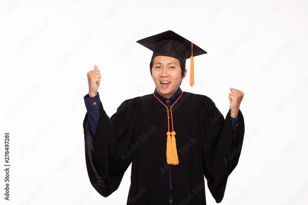 Asian Graduate man in cap and gown smile Celebrating with Confident ...