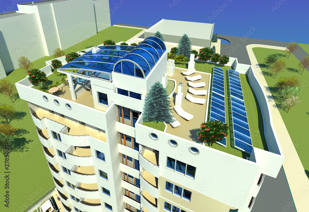 Green roof terrace with solar panels 3D illustration. Apartment ...