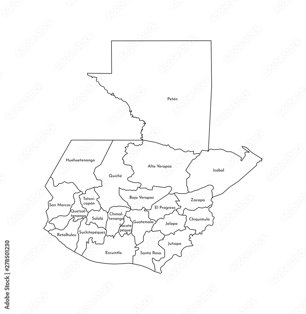 Vector isolated illustration of simplified administrative map of Guatemala. Borders and names of ...