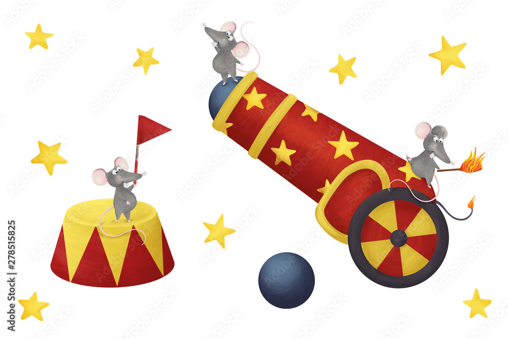 Mouse circus. Rats and cannon. Cute positive clip art set ...