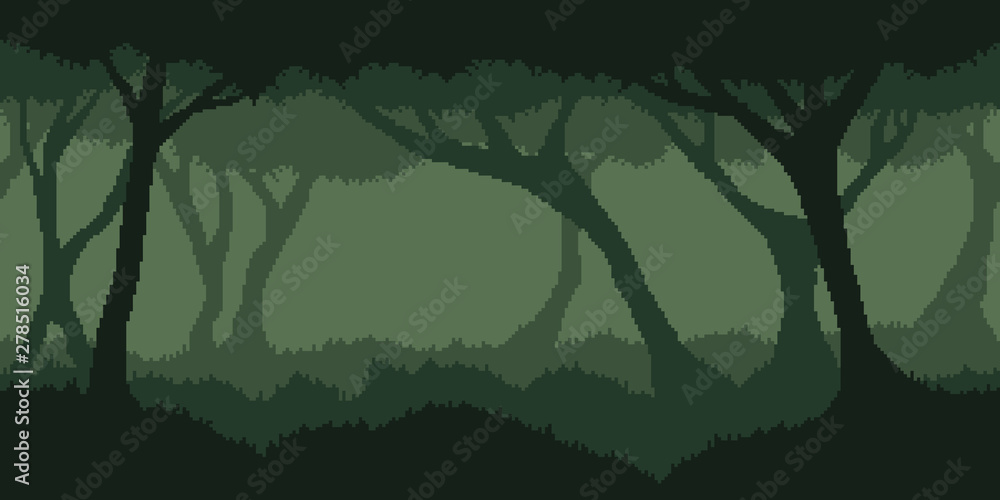 Summer or autumn night forest - horizontal seamless pixelated backdrop ...