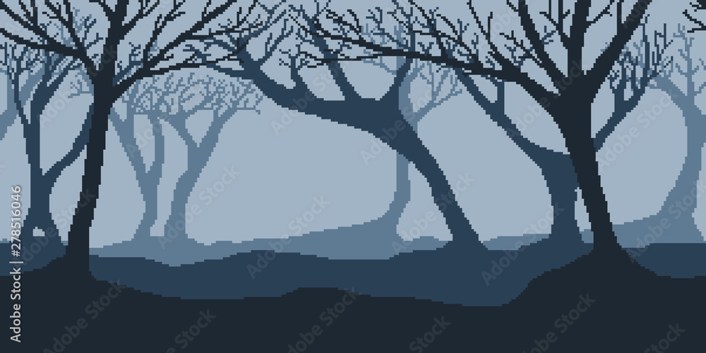 Winter night forest - horizontal seamless pixelated backdrop for 8-bit ...