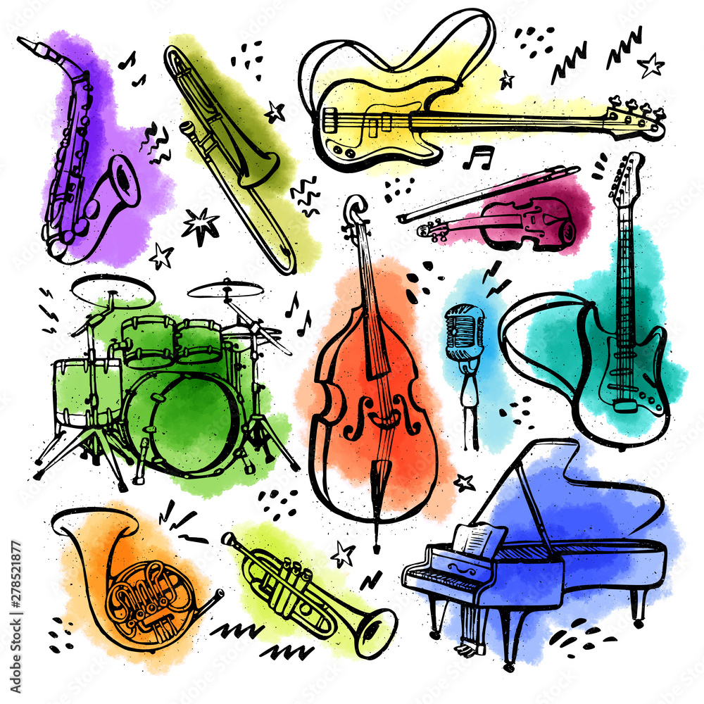 Hand drawn set of music instruments. Ink style vector illustration with ...
