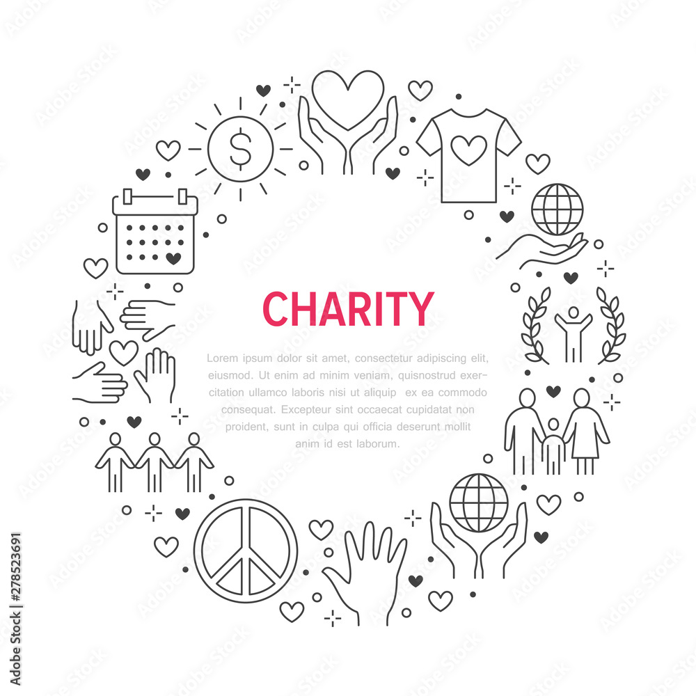 Charity vector circle banner with flat line icons. Donation, nonprofit ...