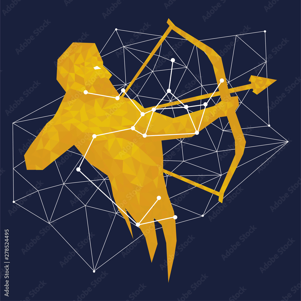Gold symbol of zodiac Sagittarius constellation on a deep blue ...