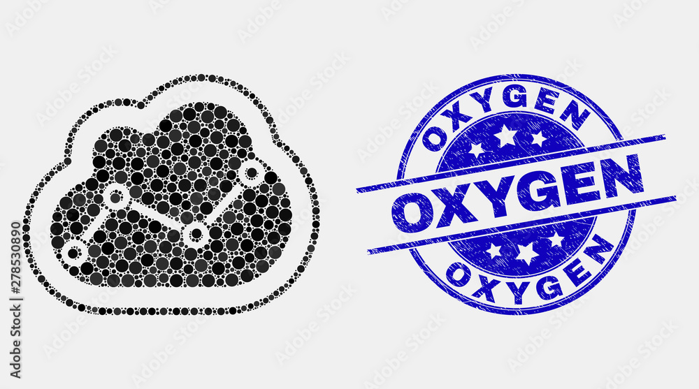 Dotted chart cloud mosaic pictogram and Oxygen seal stamp. Blue vector ...