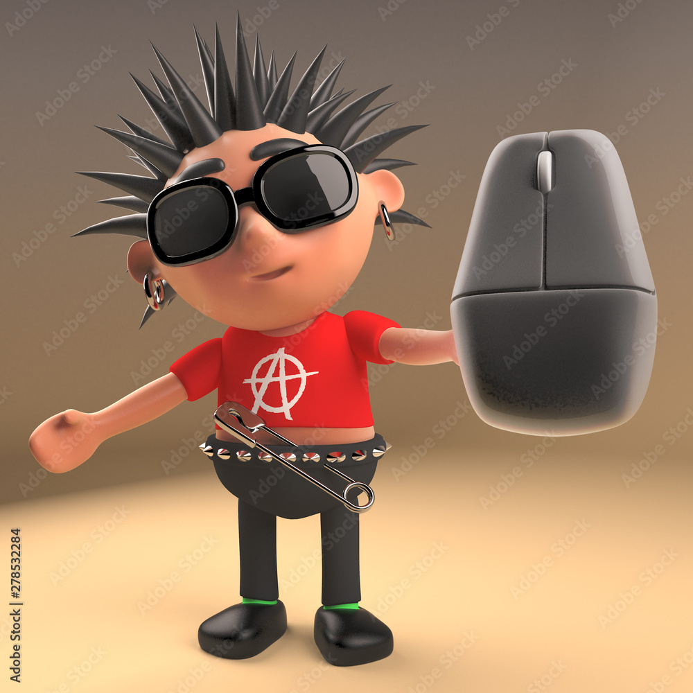 Cartoon 3d punk rocker with spikey hair holding a computer mouse, 3d ...