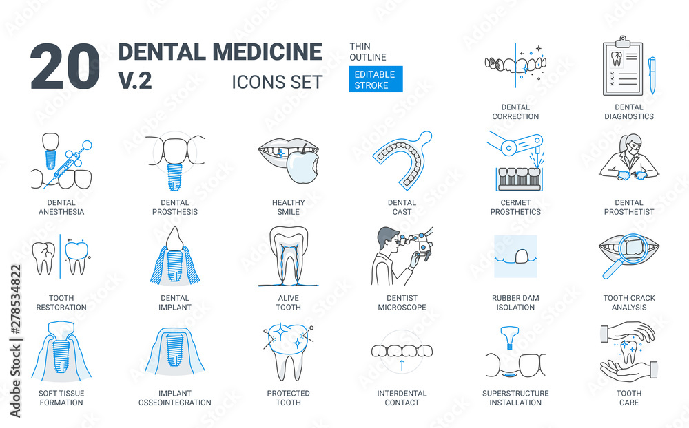 Dental Prosthesis Icon Set in Flat Outline Style Stock Vector | Adobe Stock