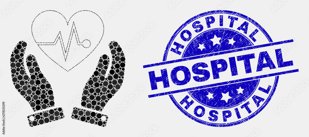 Dot heart surgery care hands mosaic icon and Hospital seal stamp. Blue ...